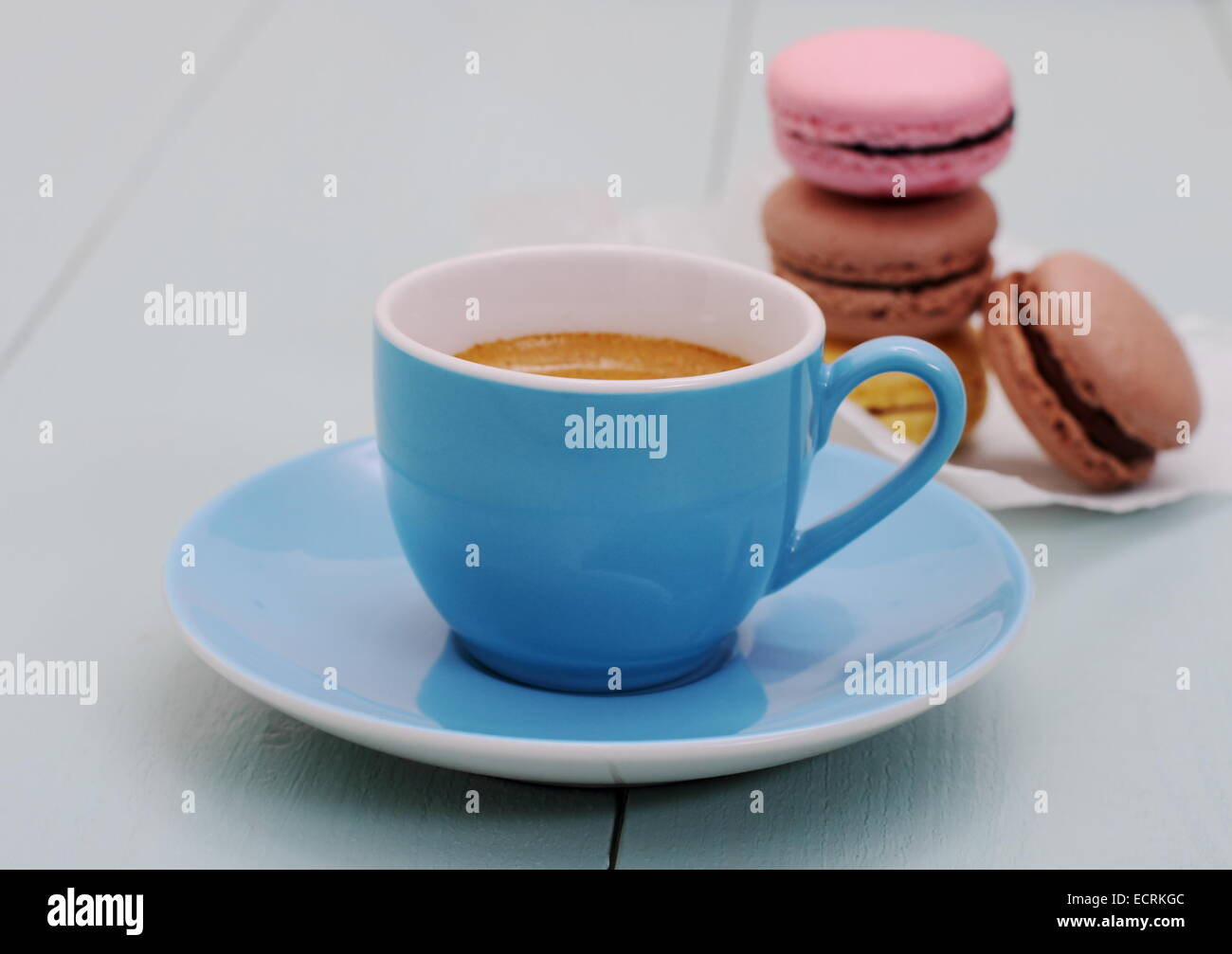 Blue Espresso Cup and stack of macarons biscuit, soft focus Stock Photo ...