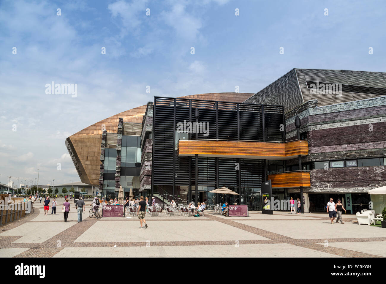 Pedestrian area and cafe, Millennium Centre, Cardiff Bay, Wales, UK ...