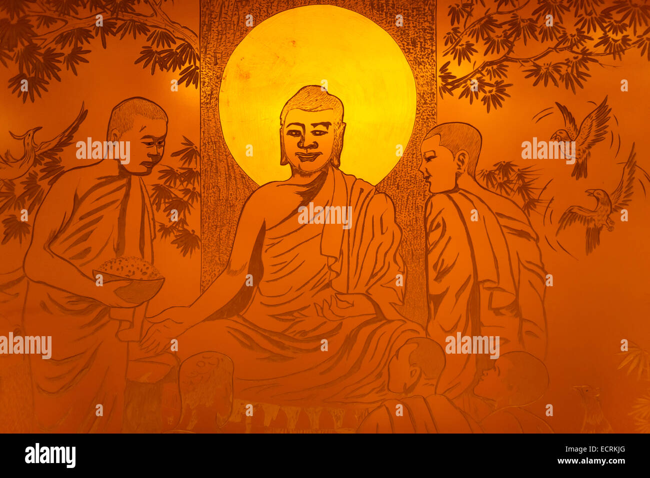 Carved in metal artwork of Buddha with a halo in gold colors Stock ...