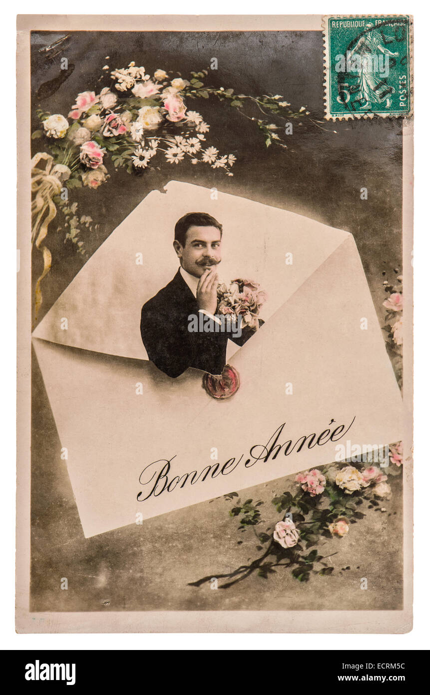 portrait of young man with rose flowers. sample text Bonne Anne Happy ...