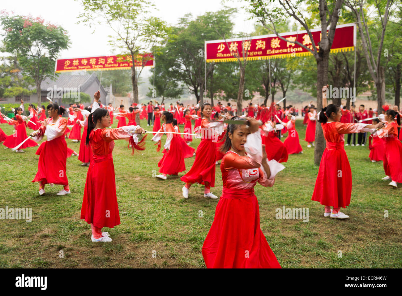Young female students of Shaolin martial arts school Tagou performing ...