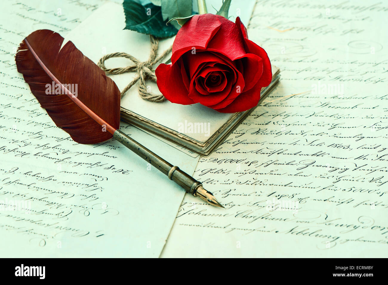 red rose flower, old letters and antique feather pen. romantic vintage ...