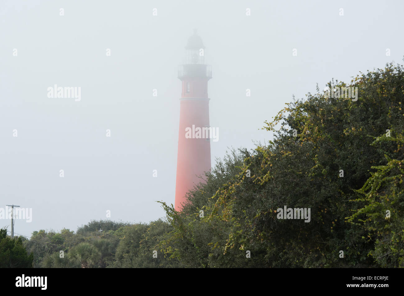 Lighthouse in sea fog at Lighthouse Point State Park, Ponce Inlet, FL ...