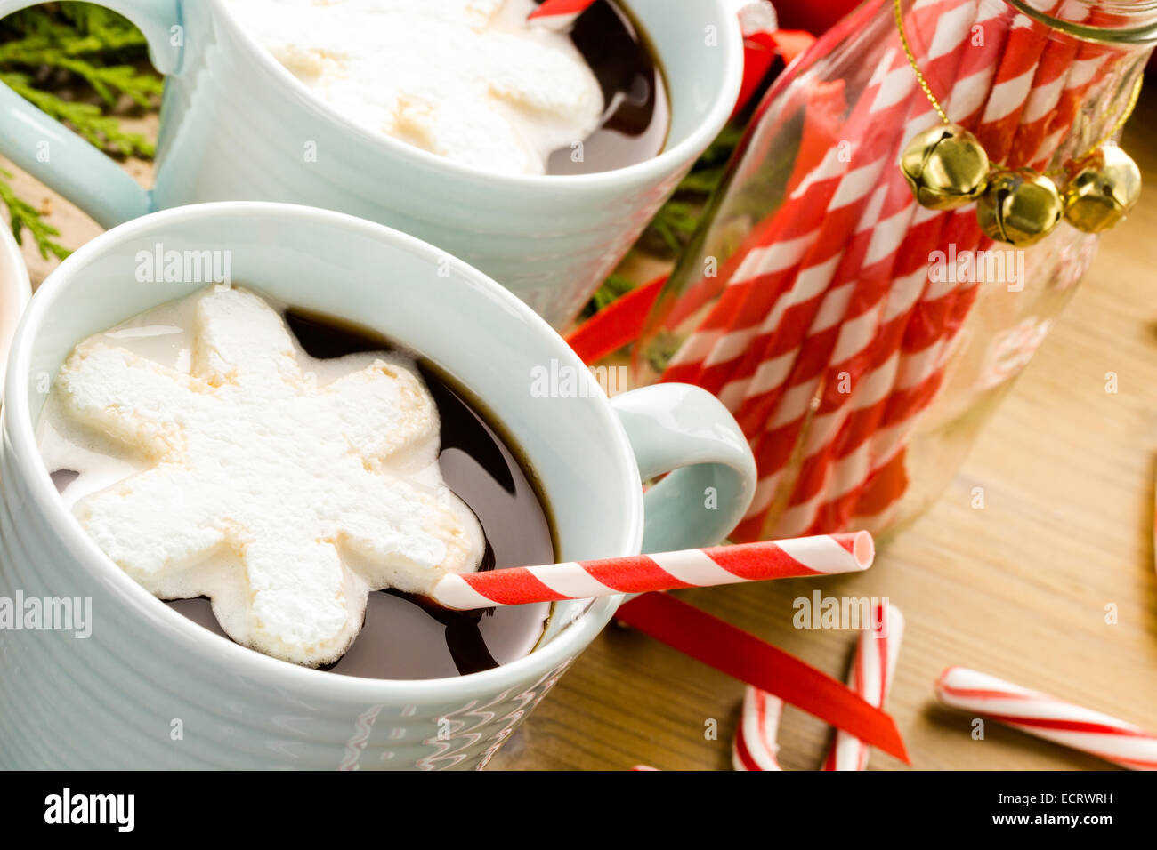 Homemade hot chocolate garnished with snowflake shaped white ...