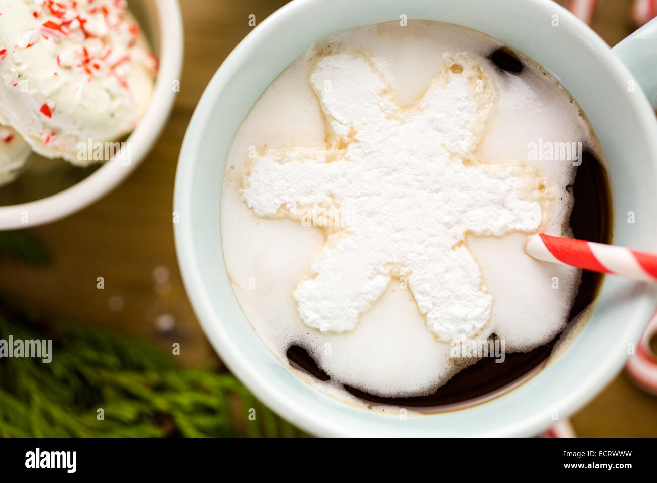 Homemade hot chocolate garnished with snowflake shaped white ...