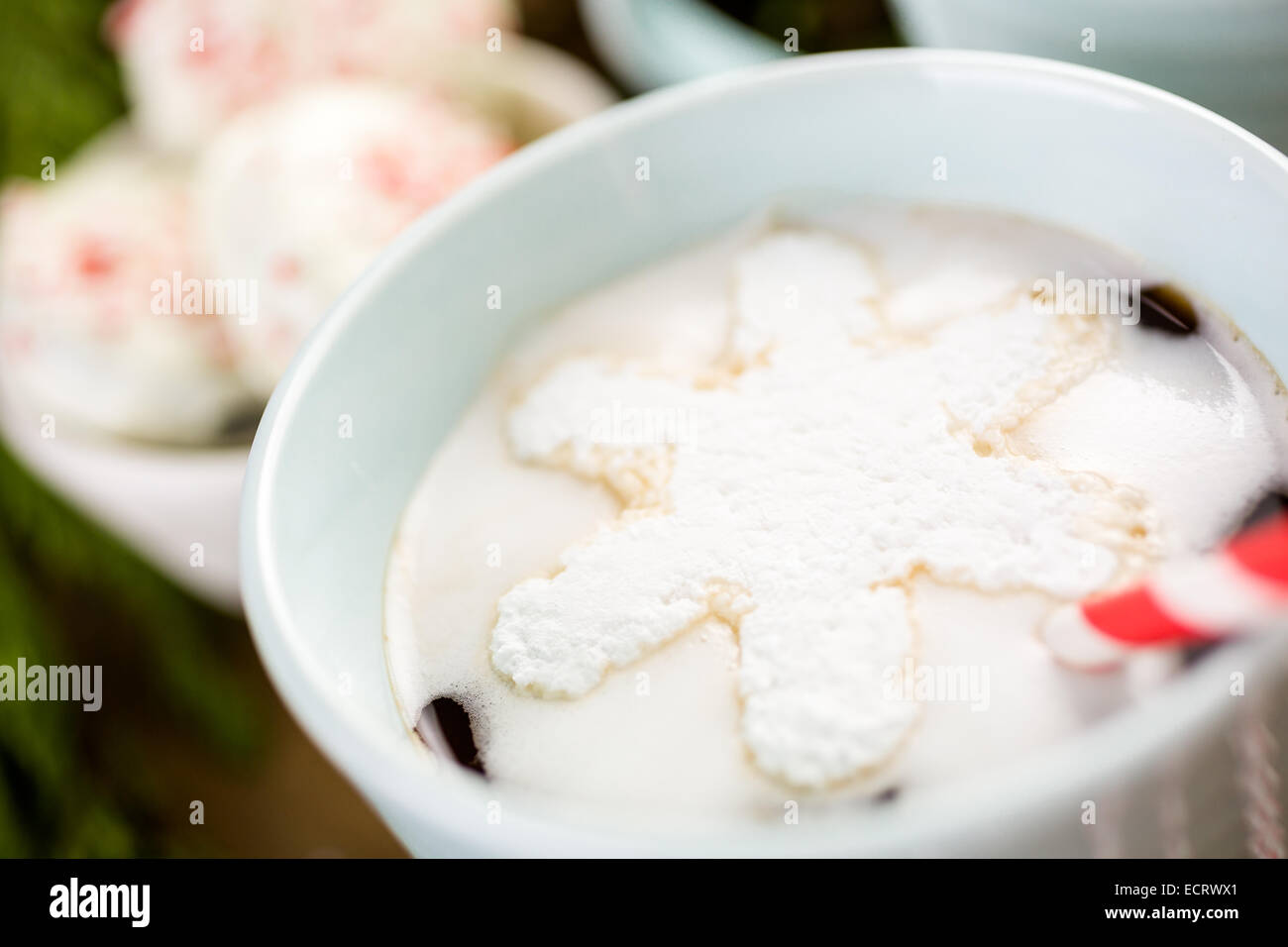Homemade hot chocolate garnished with snowflake shaped white ...