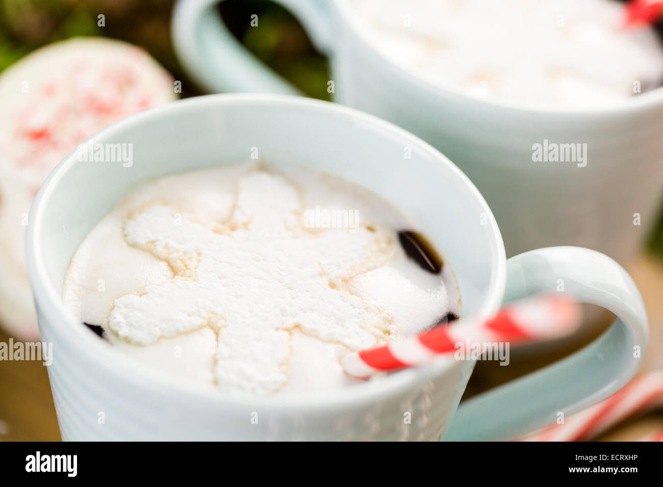 Homemade hot chocolate garnished with snowflake shaped white ...