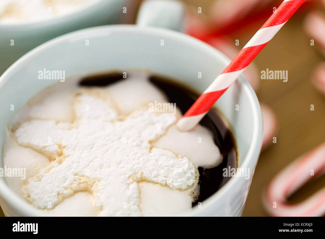 Homemade hot chocolate garnished with snowflake shaped white ...