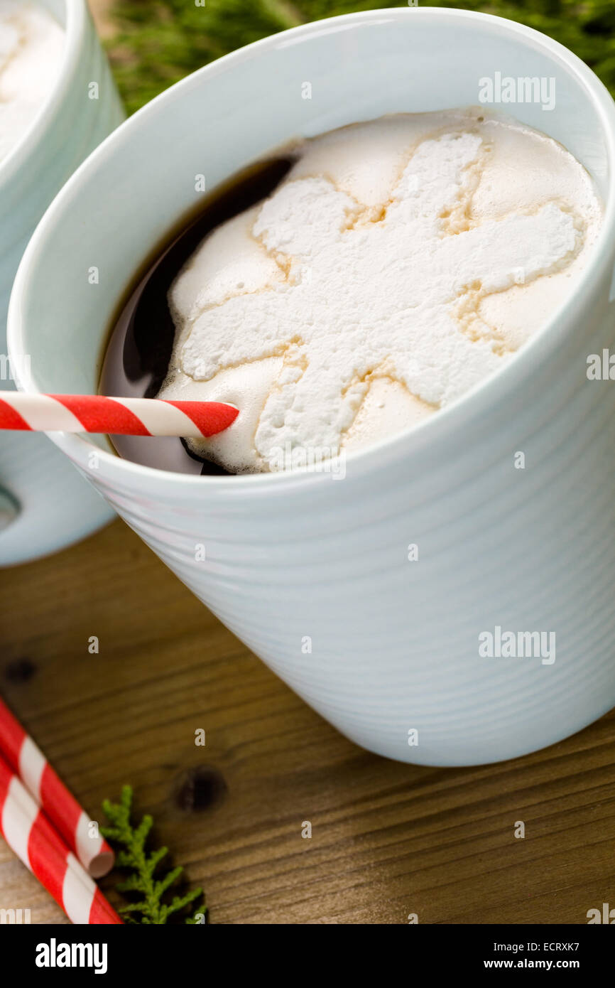 Homemade hot chocolate garnished with snowflake shaped white ...