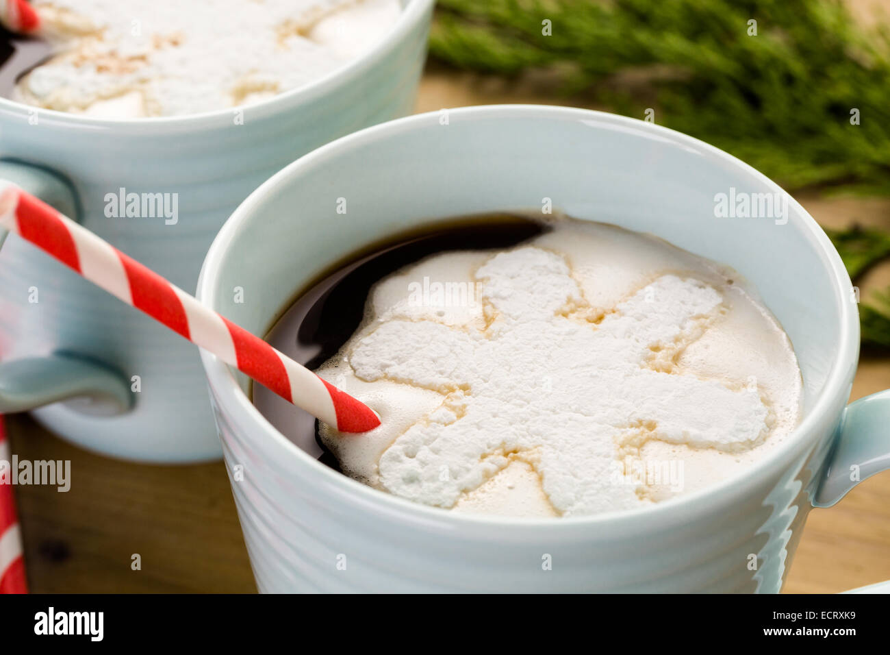 Homemade hot chocolate garnished with snowflake shaped white ...