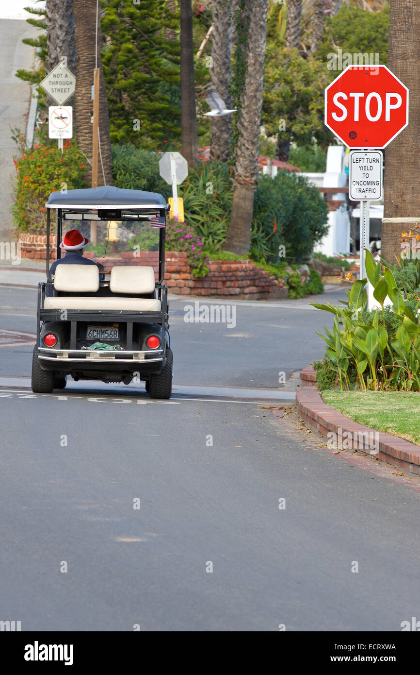 A Driver With A Santa Hat Waiting At A Stop Sign Driving A Golf Cart On ...