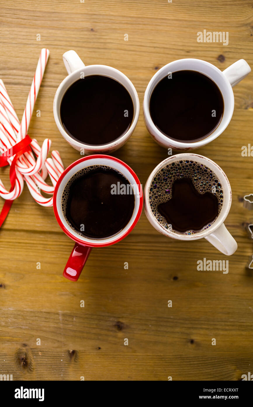 Cups with hot chocolate on wood table Stock Photo - Alamy