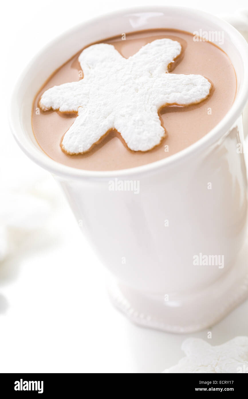 Homemade hot chocolate garnished with snowflake shaped white ...