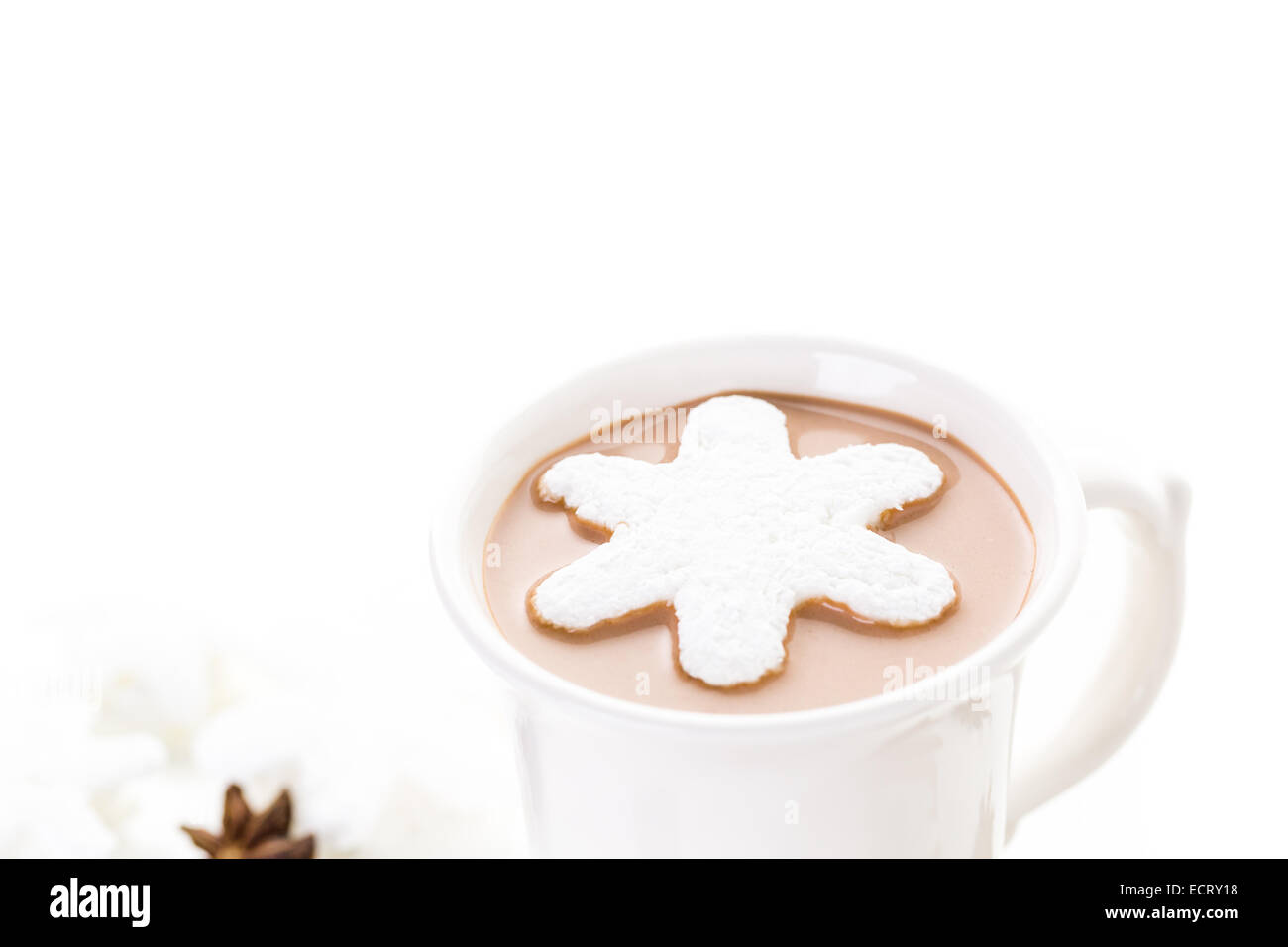 Homemade hot chocolate garnished with snowflake shaped white ...