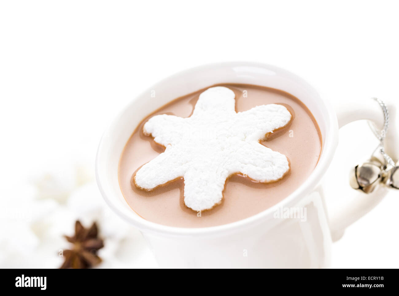 Homemade hot chocolate garnished with snowflake shaped white ...