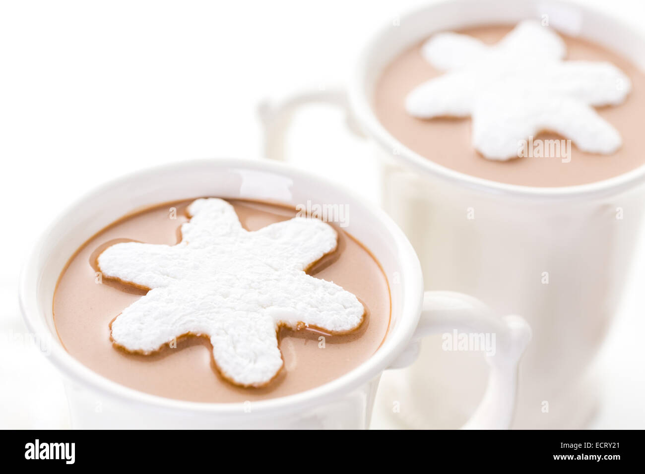 Homemade hot chocolate garnished with snowflake shaped white ...