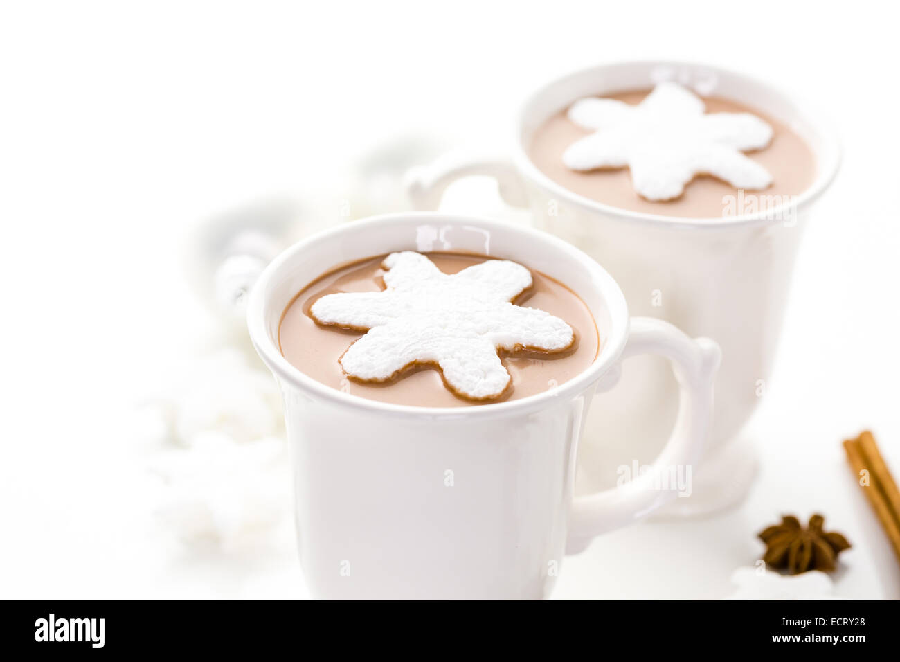 Homemade hot chocolate garnished with snowflake shaped white ...
