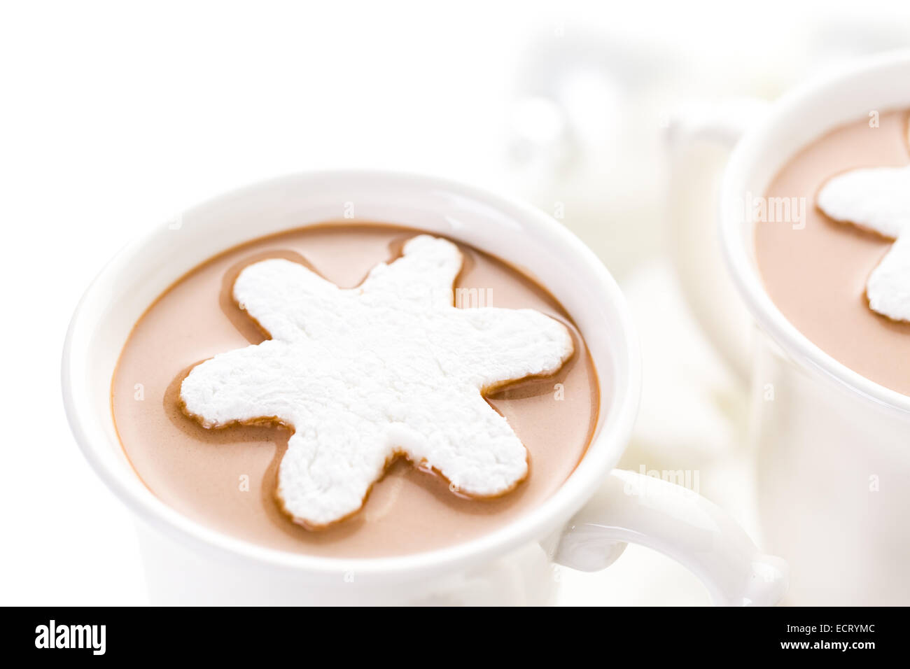 Homemade hot chocolate garnished with snowflake shaped white ...