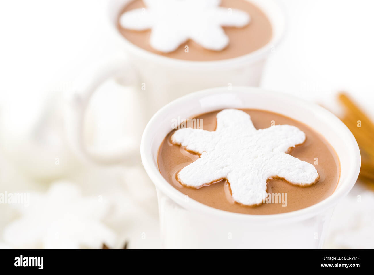 Homemade hot chocolate garnished with snowflake shaped white ...