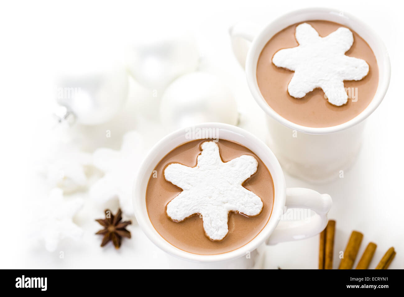 Homemade hot chocolate garnished with snowflake shaped white ...