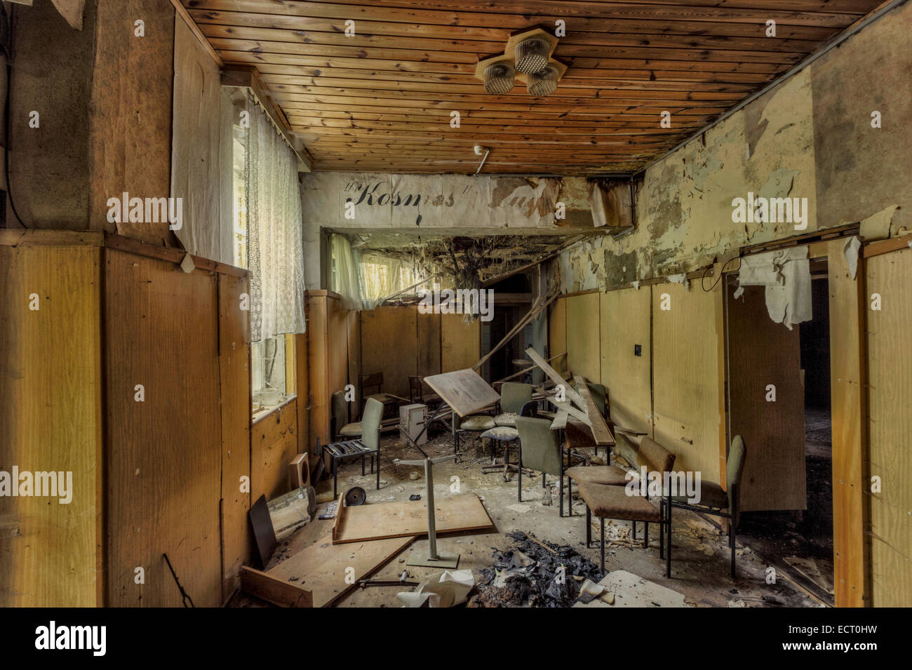 Germany Saxony Chemnitz decayed room with wood panelling Stock Photo ...