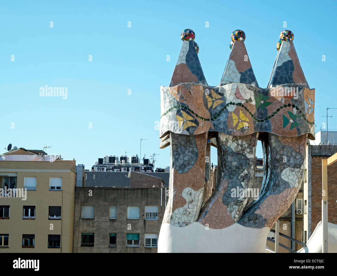 Spain Catalonia Barcelona chimneys of Villa Casa Batllo Stock Photo - Alamy