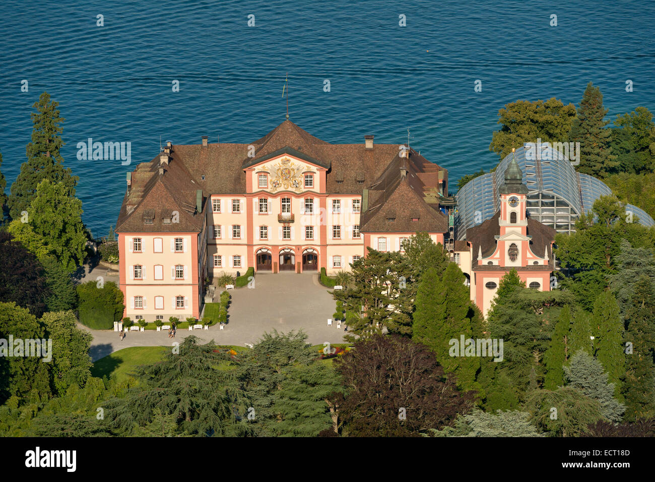 Germany Baden-Wuerttemberg Island Mainau aerial view of castle church ...