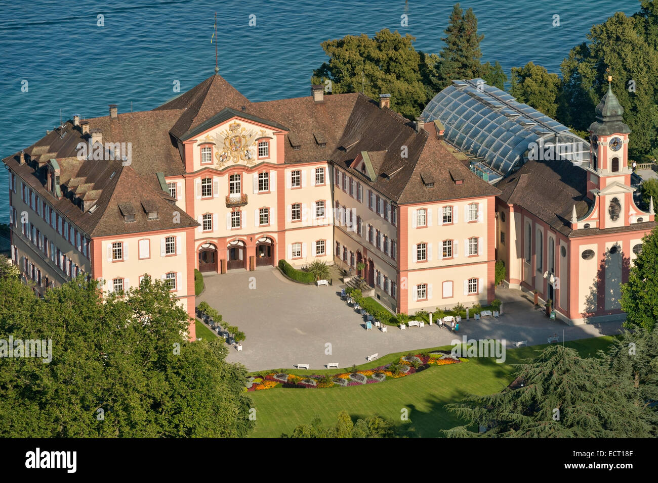 Germany Baden-Wuerttemberg Island Mainau aerial view of castle church ...