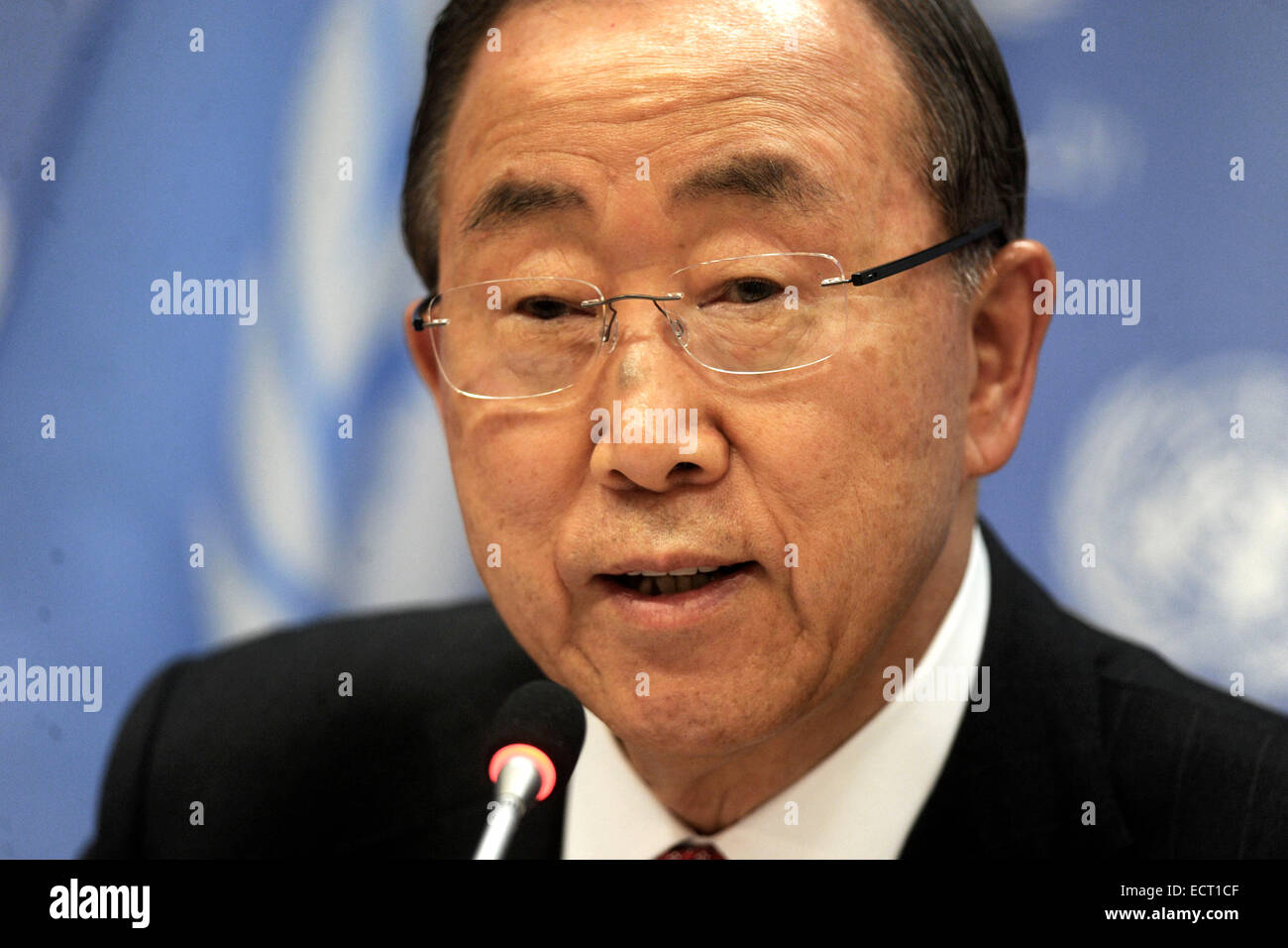 United Nations Secretary-General Ban Ki-moon addresses the media at an ...