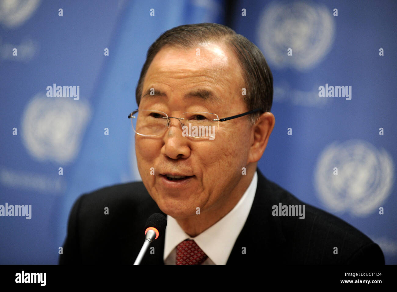 United Nations Secretary-General Ban Ki-moon addresses the media at an ...