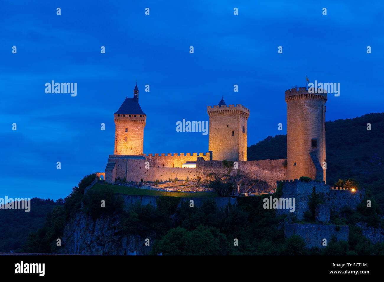 Castle of Foix, Chateau de Foix, at dusk, Cathar country, Ariege, Midi ...