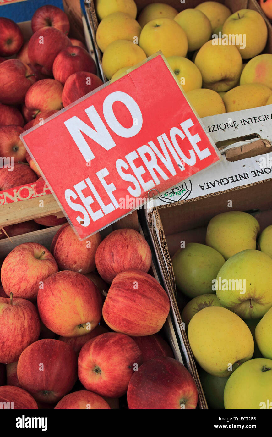 Sign "No self service" on fruit boxes, fruit market, Burano, Venice ...