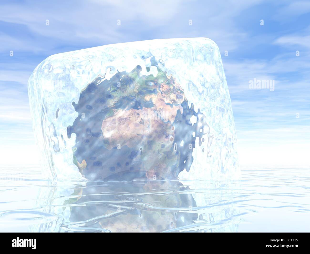 Earth planet imprisoned in an ice cube on water by beautiful day Stock ...