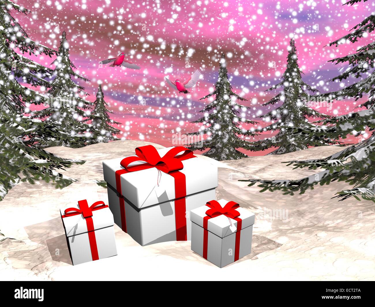 Three gift boxes on the ground with falling snow covering mountains and ...