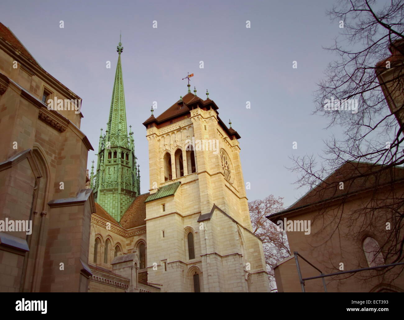 Side of protestant Saint-Pierre's cathedral by sunset in Geneva ...