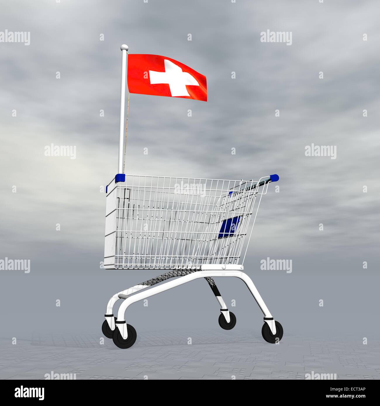 Shopping cart holding swiss flag to symbolize commerce in Switzerland ...
