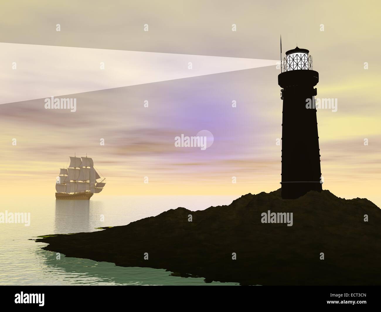 Shadow of a lighthouse guiding an old ship by full moon Stock Photo - Alamy