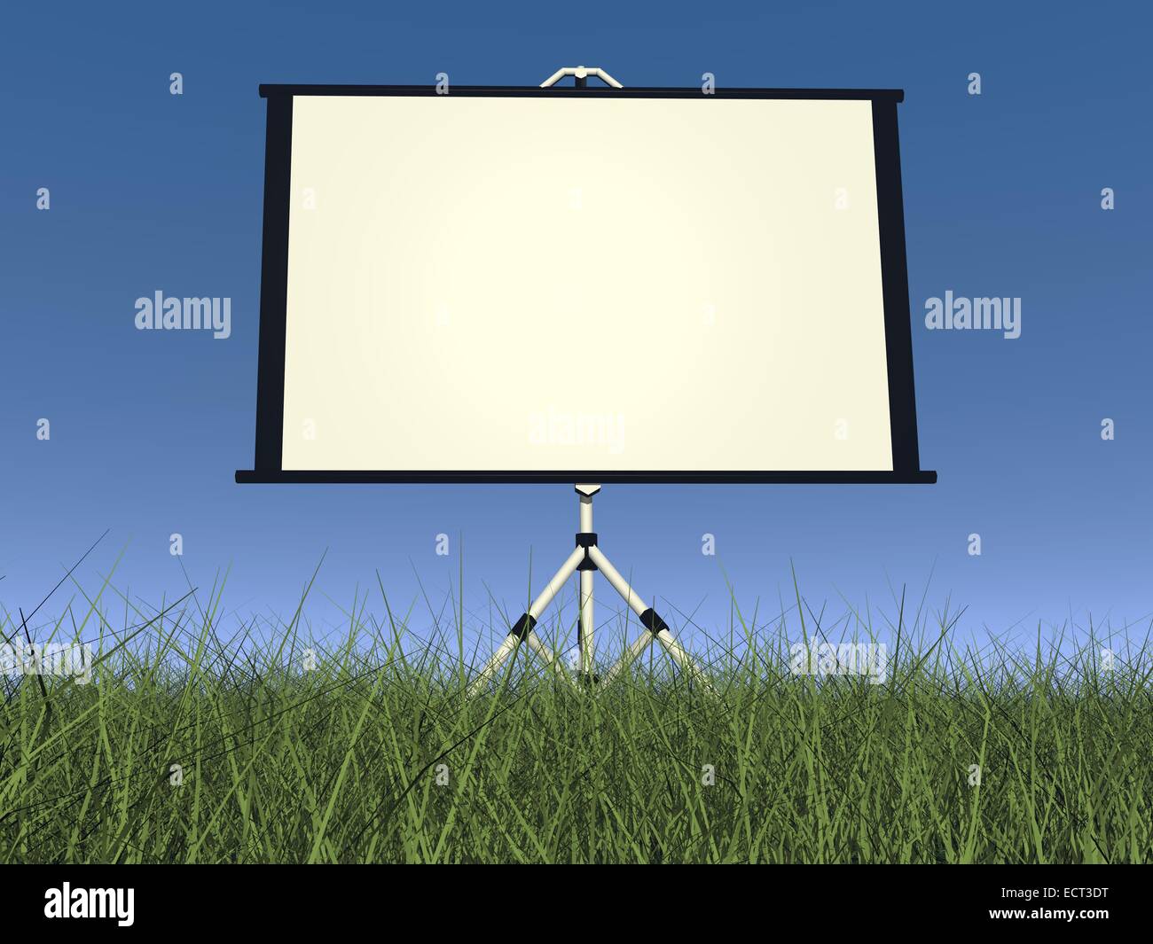 Empty white projection screen in nature with green grass and blue sky ...