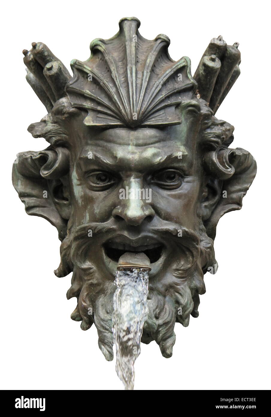 Close up of human head fountain in the city isolated on white ...