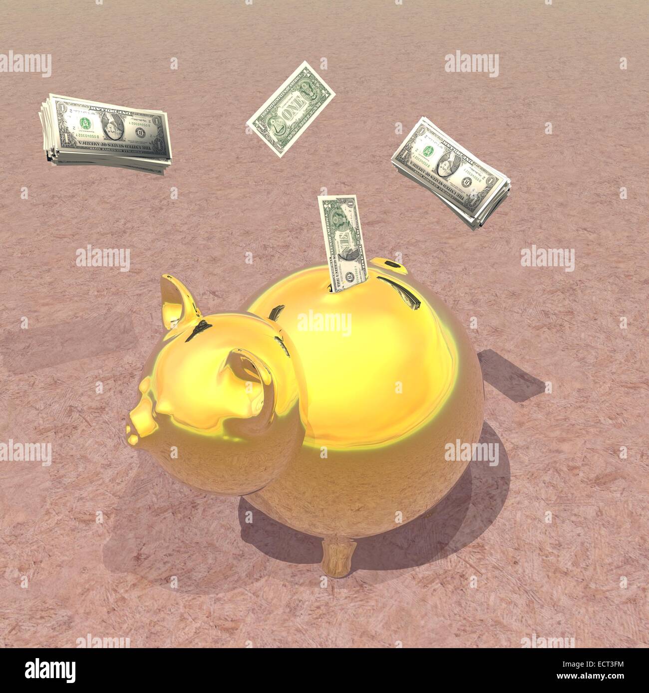 Golden piggy bank with dollar bills in brown background Stock Photo - Alamy
