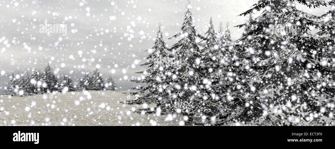 Winter landscape with falling snow covering mountains and fir trees ...