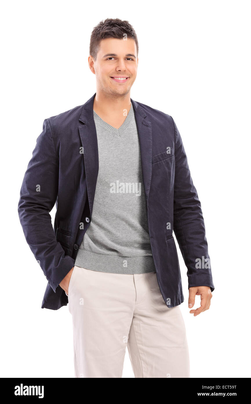 Happy fashionable guy posing isolated on white background Stock Photo ...