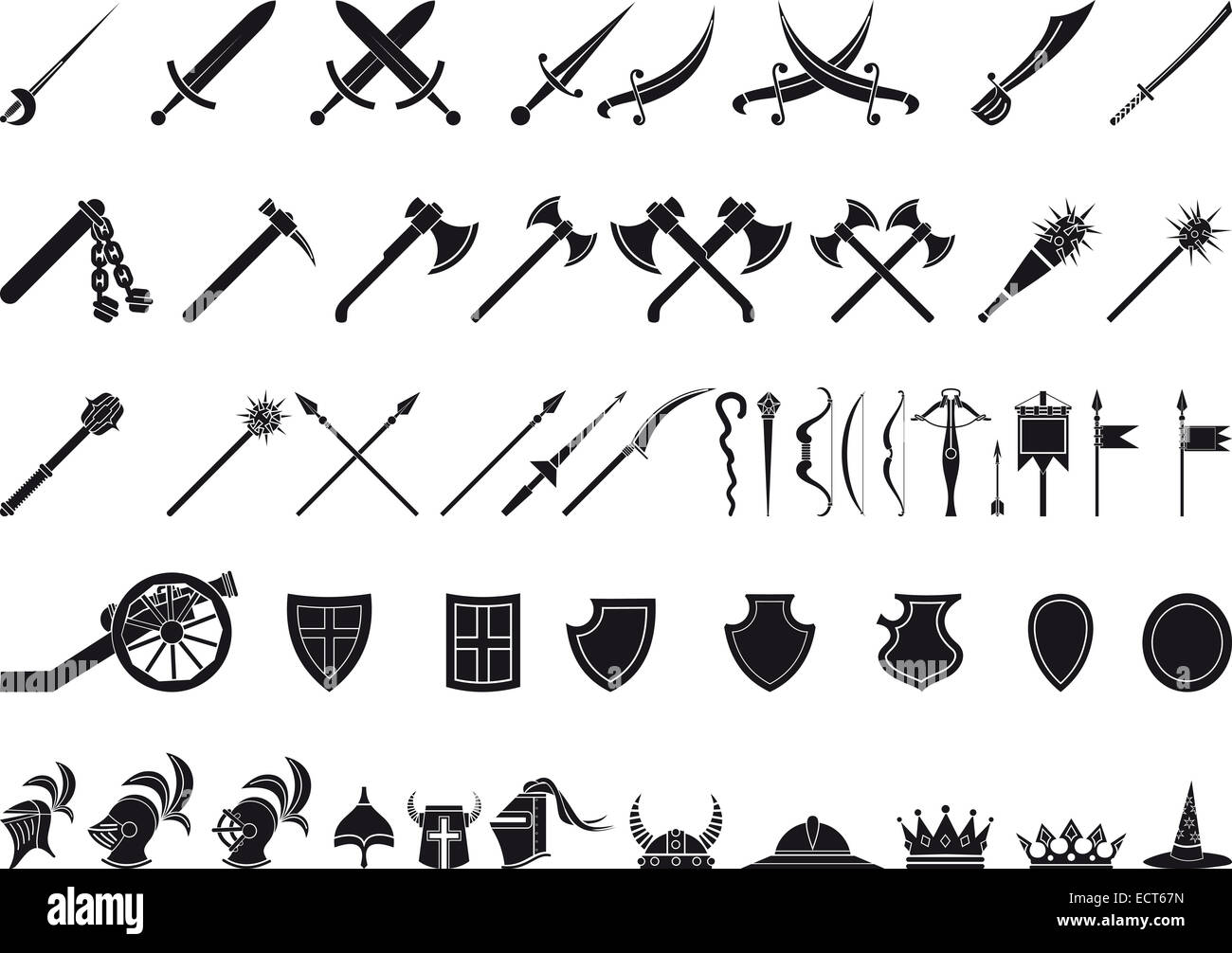 large set of medieval weapons and items isolated on white Stock Photo ...