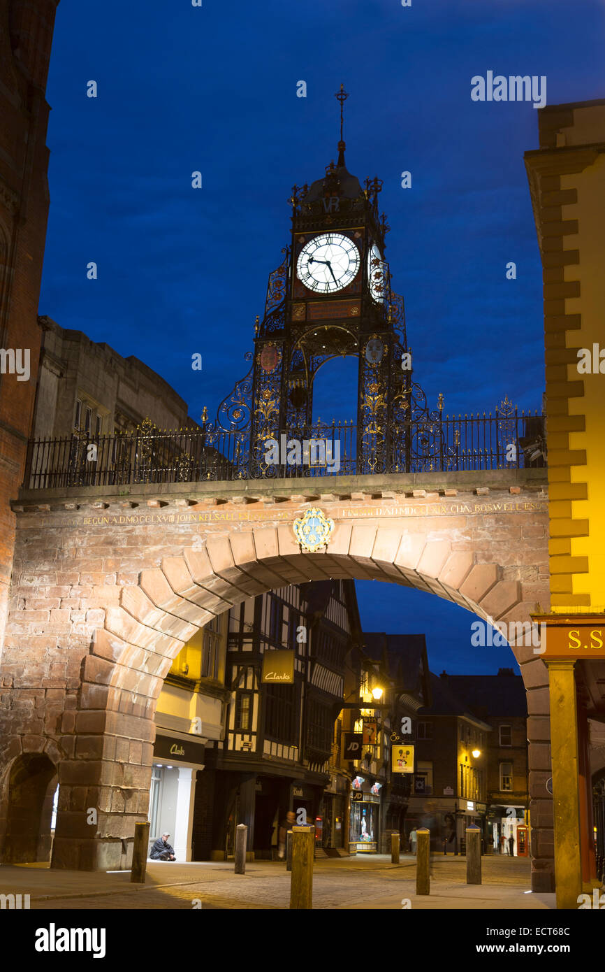 UK, Chester, the Jubilee clock, overlooking the main Chester highstreet ...