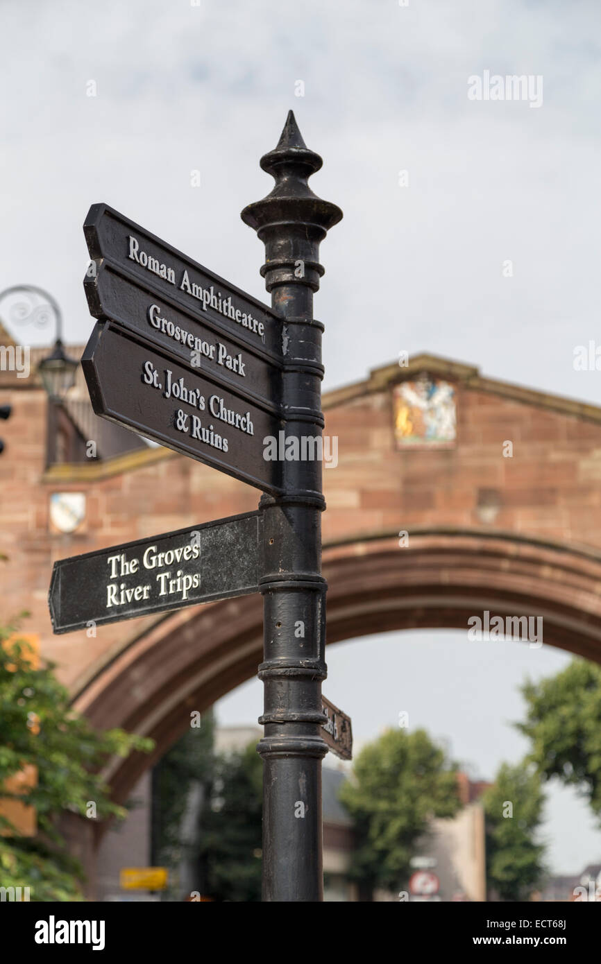 UK, Chester, Newgate arch and tourist signpost Stock Photo - Alamy