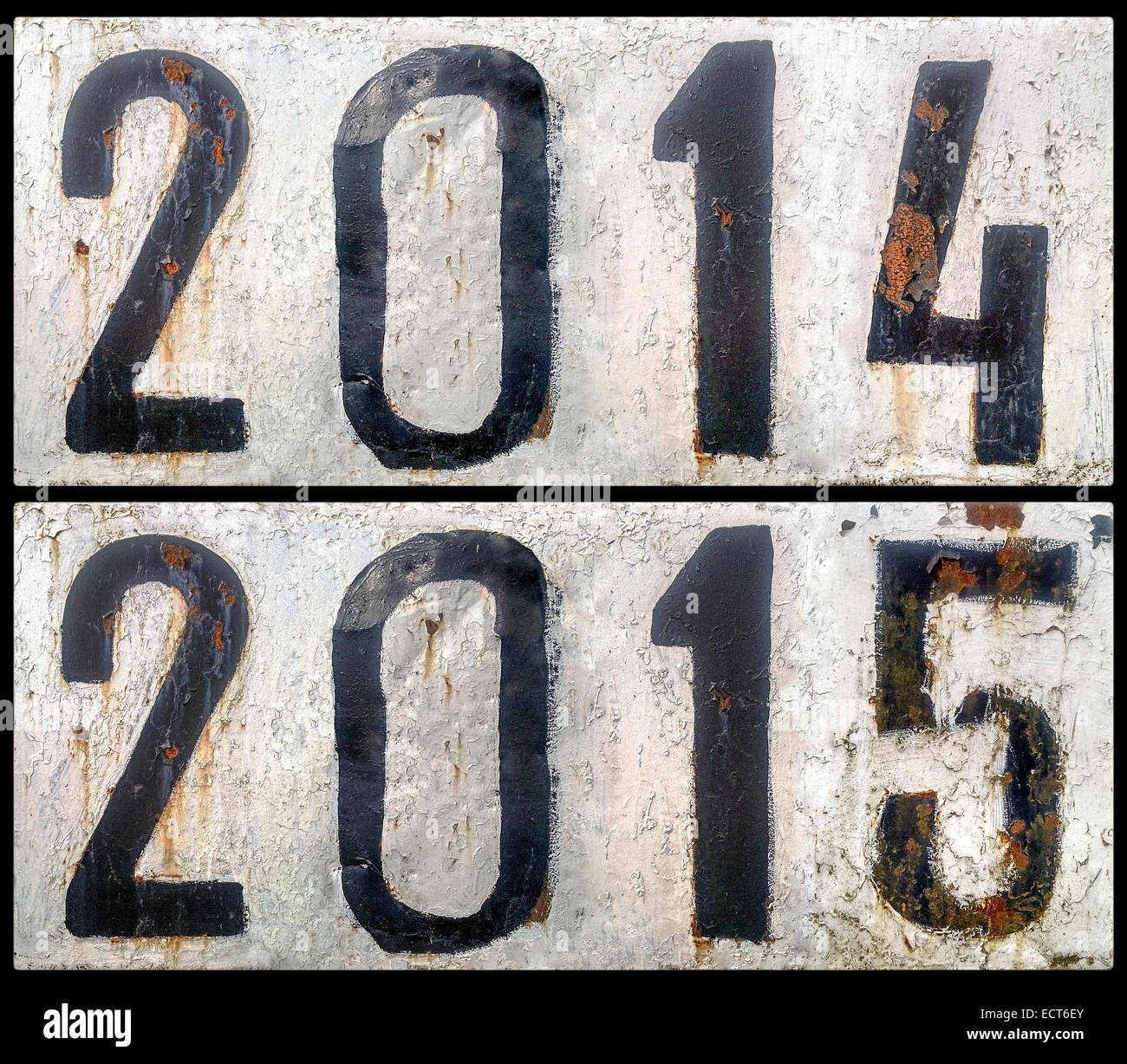two rusty metal plates with a painted numbers 2014 and 2015. new year ...