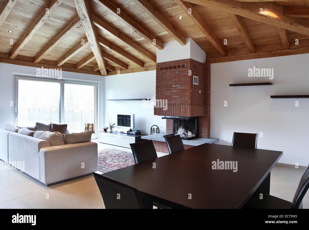 modern cozy apartment interior open space wooden roof Stock Photo - Alamy