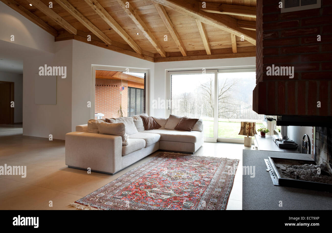 modern cozy apartment interior open space wooden roof Stock Photo - Alamy