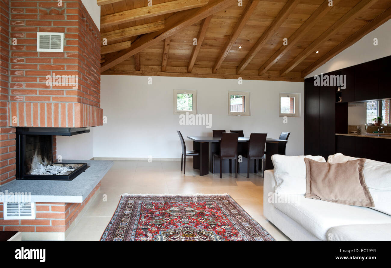 modern cozy apartment interior open space wooden roof Stock Photo - Alamy