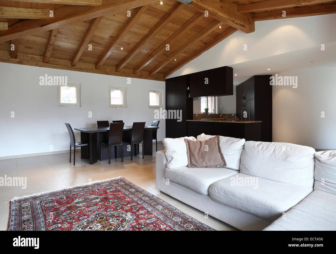 modern cozy apartment interior open space wooden roof Stock Photo - Alamy